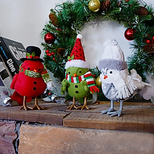 Prsildan Christmas Table Decorations Birds, Set of 3 Christmas Bird Figurine Table Top Decor, Green Red Gray Xmas Birds Ornaments for Winter Home Kitchen Fireplace Mantel Holiday Party