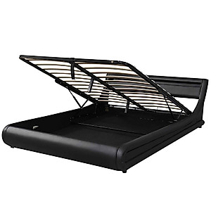 ATY Upholstered Queen Size Bed with Hydraulic Storage System, Platform Bedframe w/Faux Leather & LED Light Headboard, for Bedroom, Guestroom,Save Space, No Box Spring Needed, Black