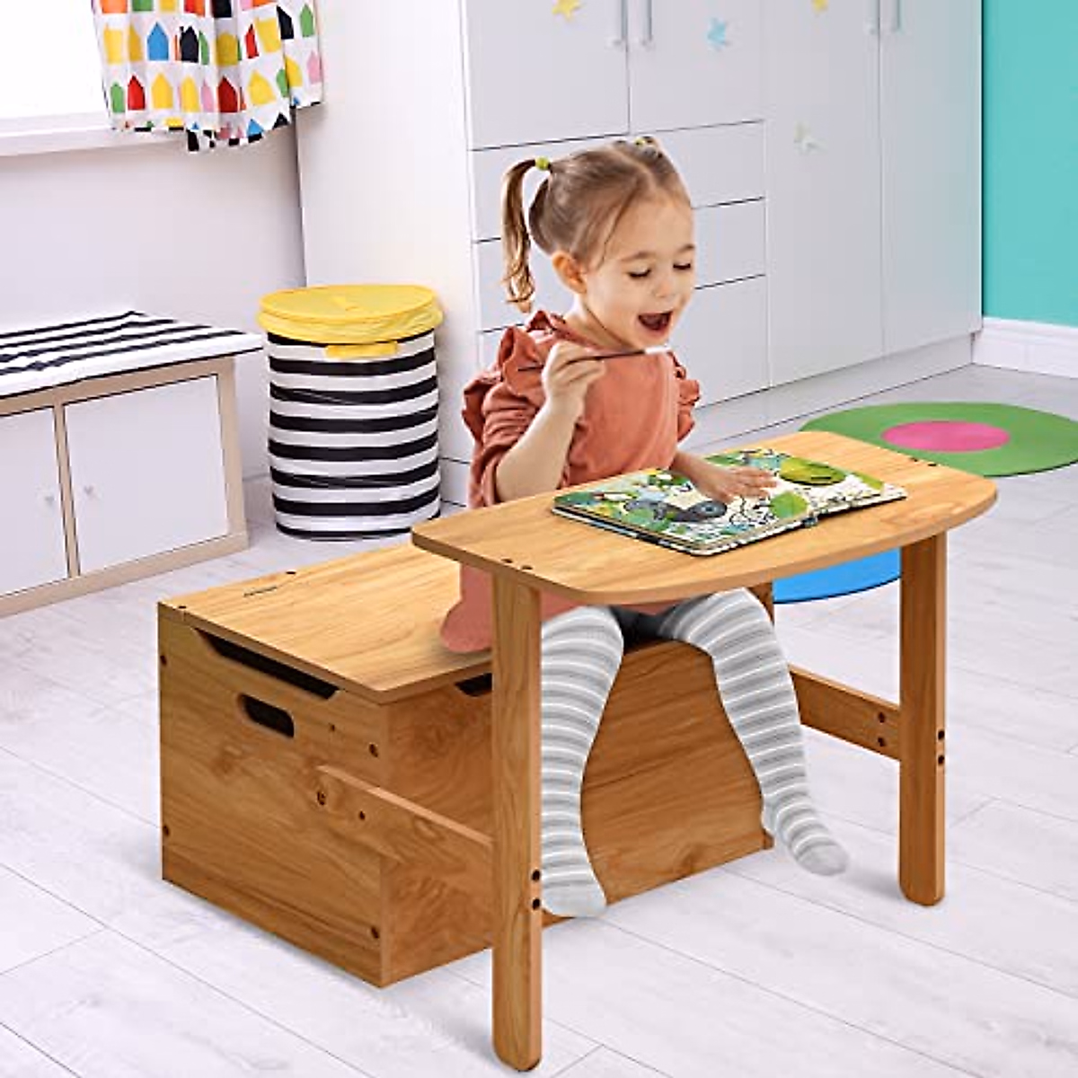 HONEY JOY Kids Table and Chair Set, 3-in-1 Convertible Wooden Toy Storage Bench with Handle, Toddler Furniture Set for Daycare Playroom, Gift for Boys Girls 3+ (Natural)