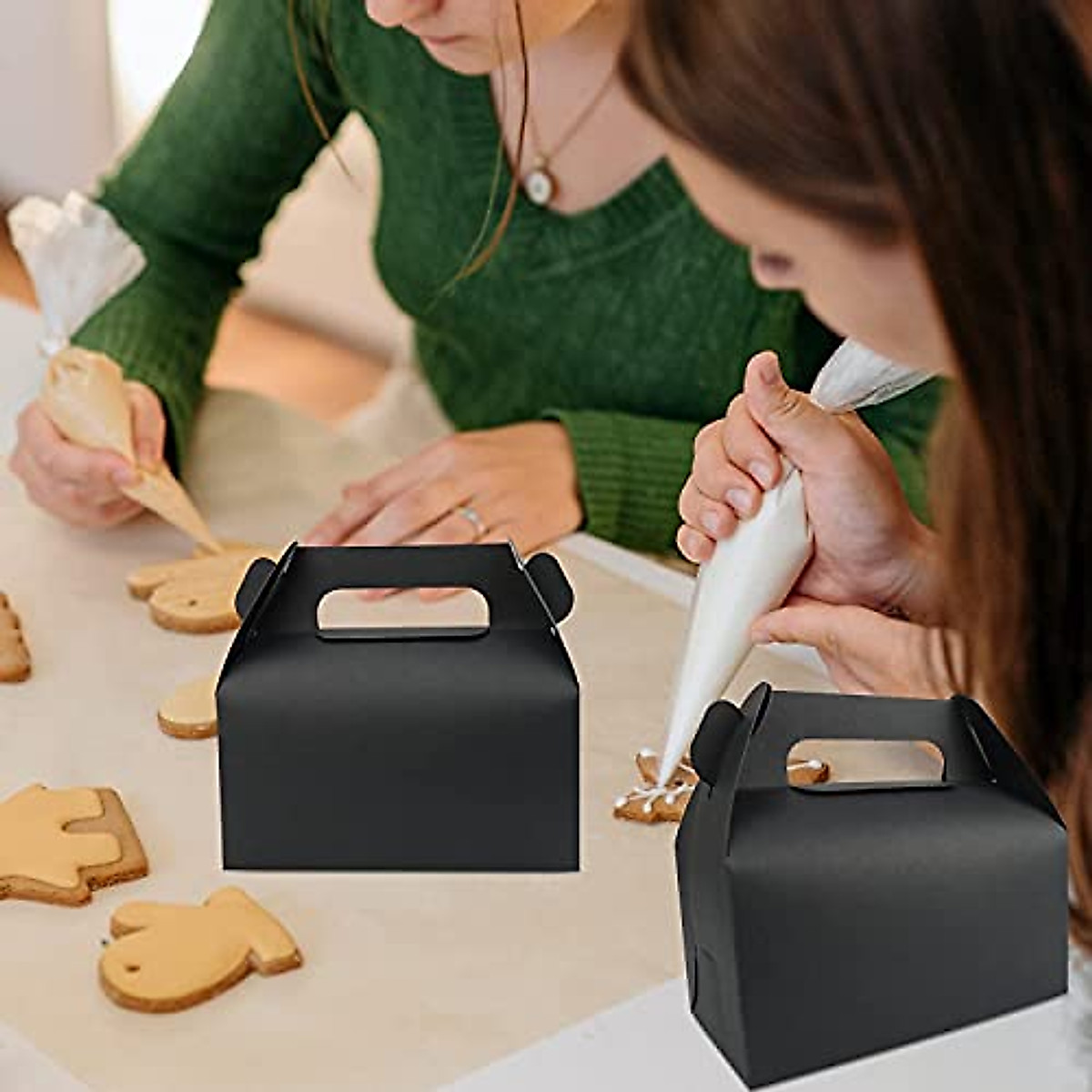 GUIFIER 25 Pack Black Treat Boxes Gable Boxes Party Favor Boxes Goodie Gift Boxes Paper Boxes with Handles for Birthday Shower Celebrating and Party Dessert Boxes for Candy, Cookies 6.5x3.6x3.4 Inches