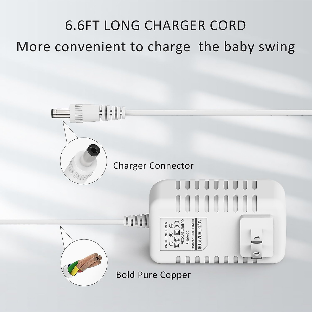 BOEEA 5V Power Cord Replacement for Graco Duetsoothe Swing, Charger for Simple Sway and Nova Baby Swing, 6.6 Ft Charging Cable, White
