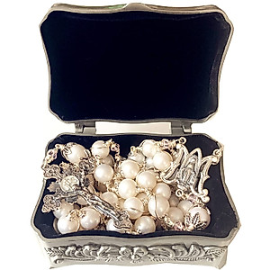 elegantmedical Handmade Sterling Silver White Pearl Beads Catholic Rosary Necklace Cross Crucifix Gift Box
