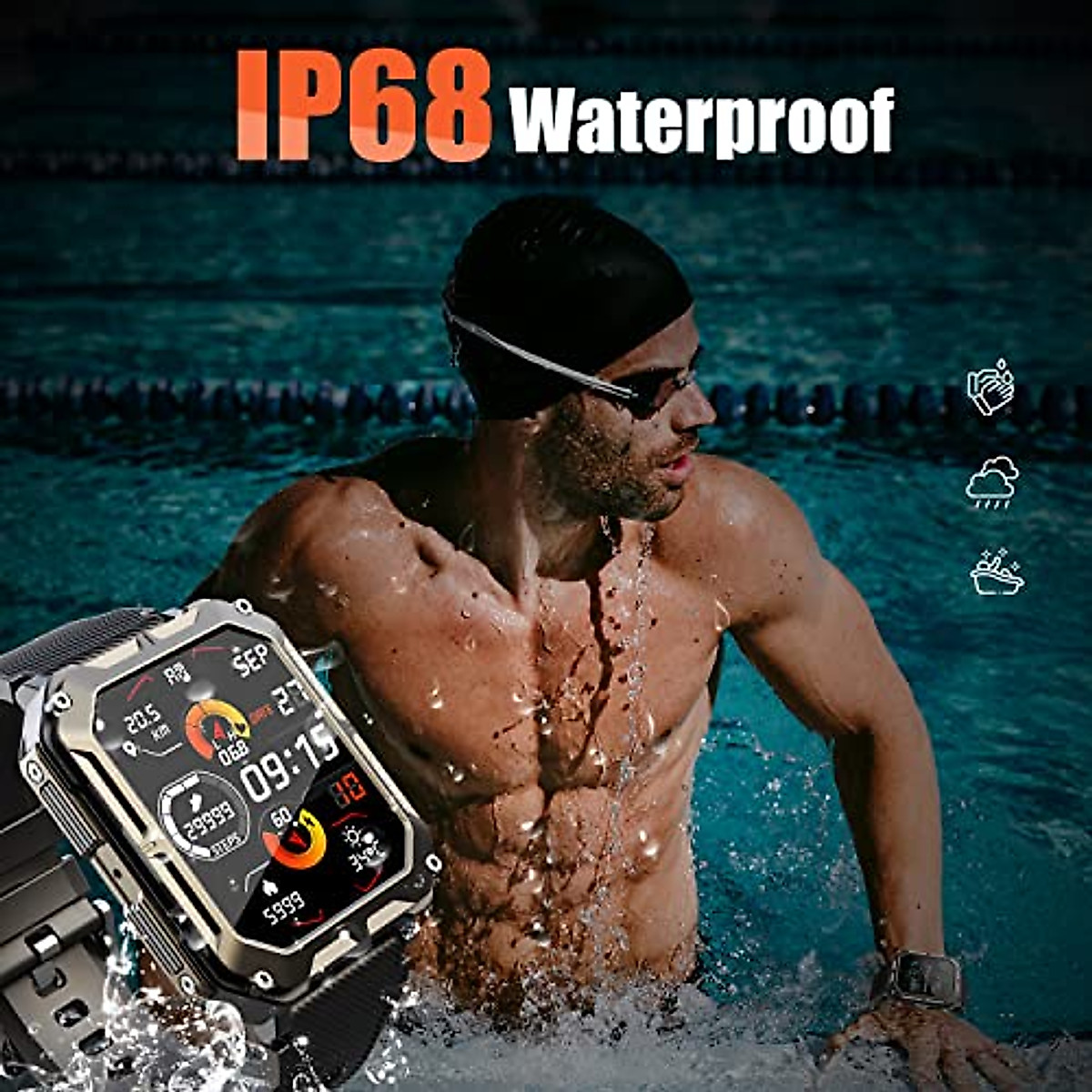 meoonley Military Rugged Smartwatch for Men,Sport Watch with Answer/Make Call IP68 1.83 inch Fitness Tracker Pedometer SpO2 for Outdoor Enthusiasts