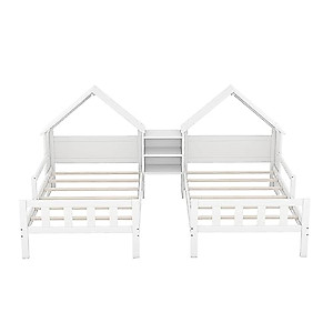 SOFTSEA Twin and Twin Bed Frame with House-Shaped Headboard and Built-in Nightstand 2 Beds in One for Juniors Kids