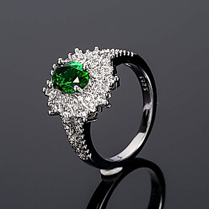GUIDECUN Silver Plated Oval Cut Created Emerald May Birthstone Ring with Shining White Cubic Zirconia Simulated Diamond Halo (US size 10)