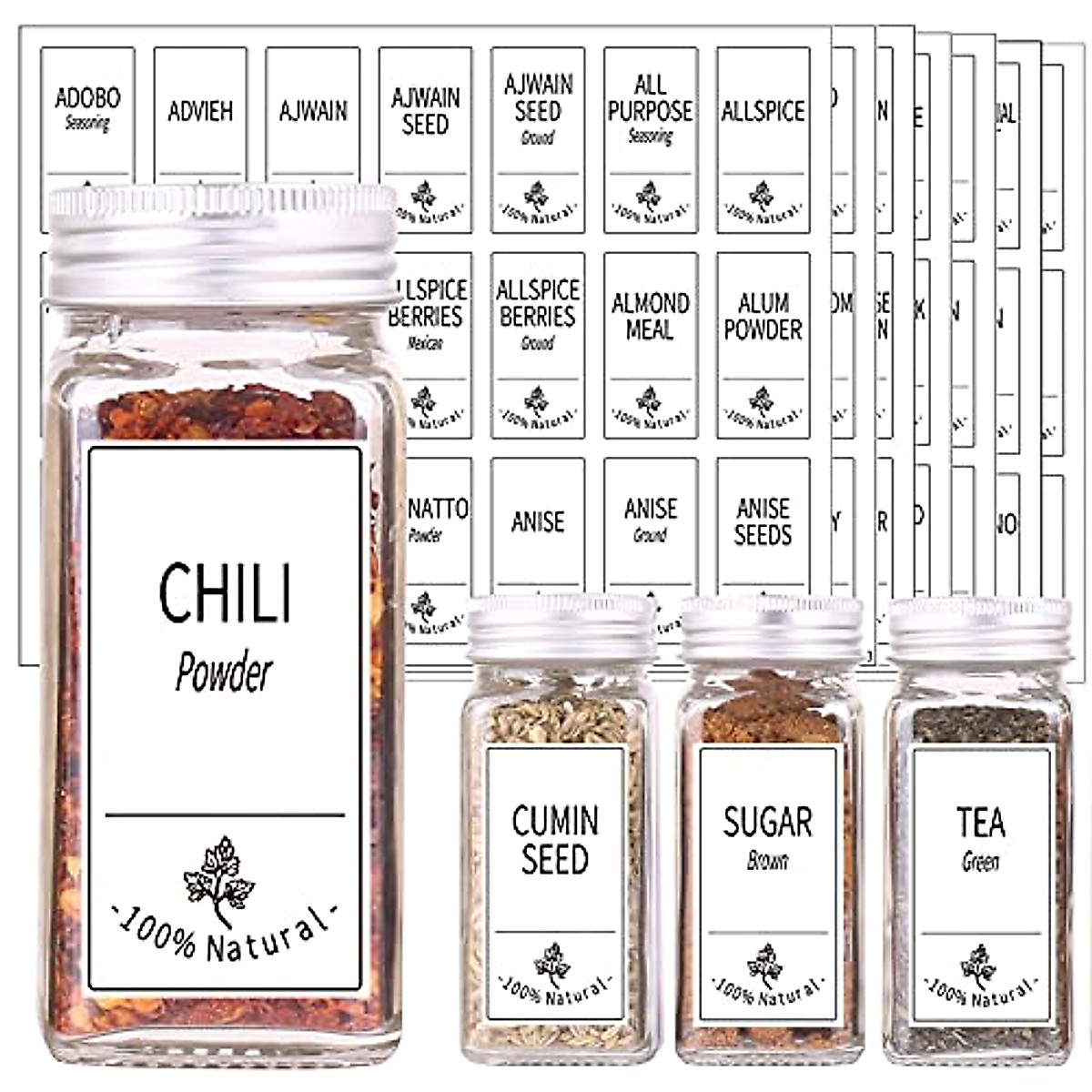 SWOMMOLY 25 Glass Spice Jars/Square Spice Bottles, 4oz Empty Spice Containers with 806 White Spice Labels, Pour/sift Shaker Lid, Airtight Cap, Chalk Marker and Funnel Complete Set