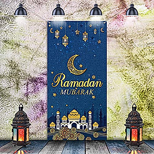 Ramadan Mubarak Decorative Door Cover Eid Mubarak Backdrop Hanging Ramadan Mubarak Door Banner Eid Al-fitr Celebration Decoration for Door Cover Muslim Ramadan Party Supplies, 5.9 x 2.9 Feet