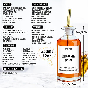 INFTYLE 12 oz Olive Oil Dispenser Coffee Syrup Dispenser Bottle Set of 6, Glass Cooking Oil Bottle Dispenser for Kitchen, Mouthwash Container, with Metal Pour Spout, Funnel and Labels