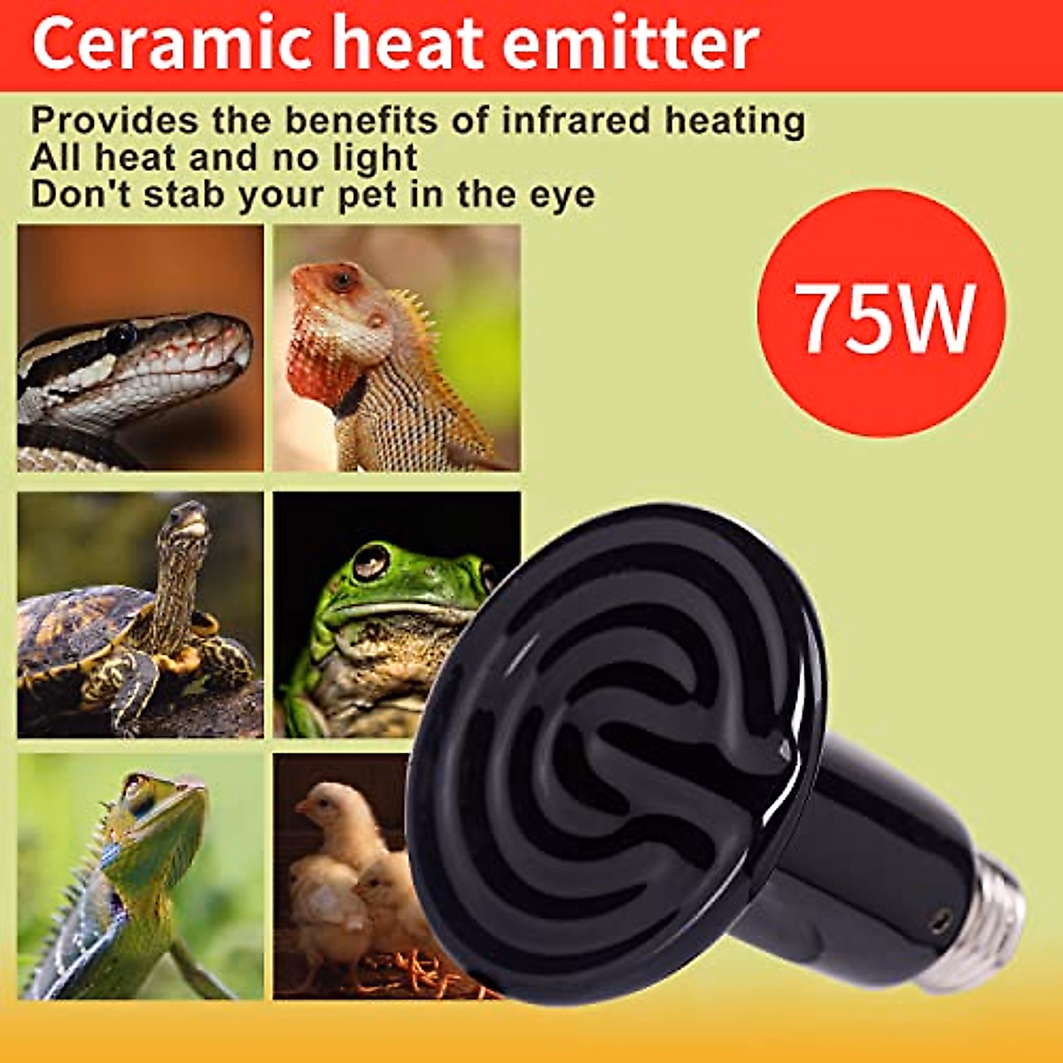 PTSCBS 75W 2PCS Reptile Heat Lamp Black Ceramic Heat Emitter,Infrared Heater Bulb for Pet Coop Heater Chicken Lizard Turtle Brooder Aquarium Snake