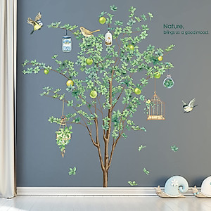 RW-DZ29 Large Green Tree Wall Decals 3D Green Tree Birds Wall Stickers Birdcage Plant Flower Decals DIY Removable Green Tree Animals Wall Art Decor for Kids Baby Bedroom Living Room Nursery Office