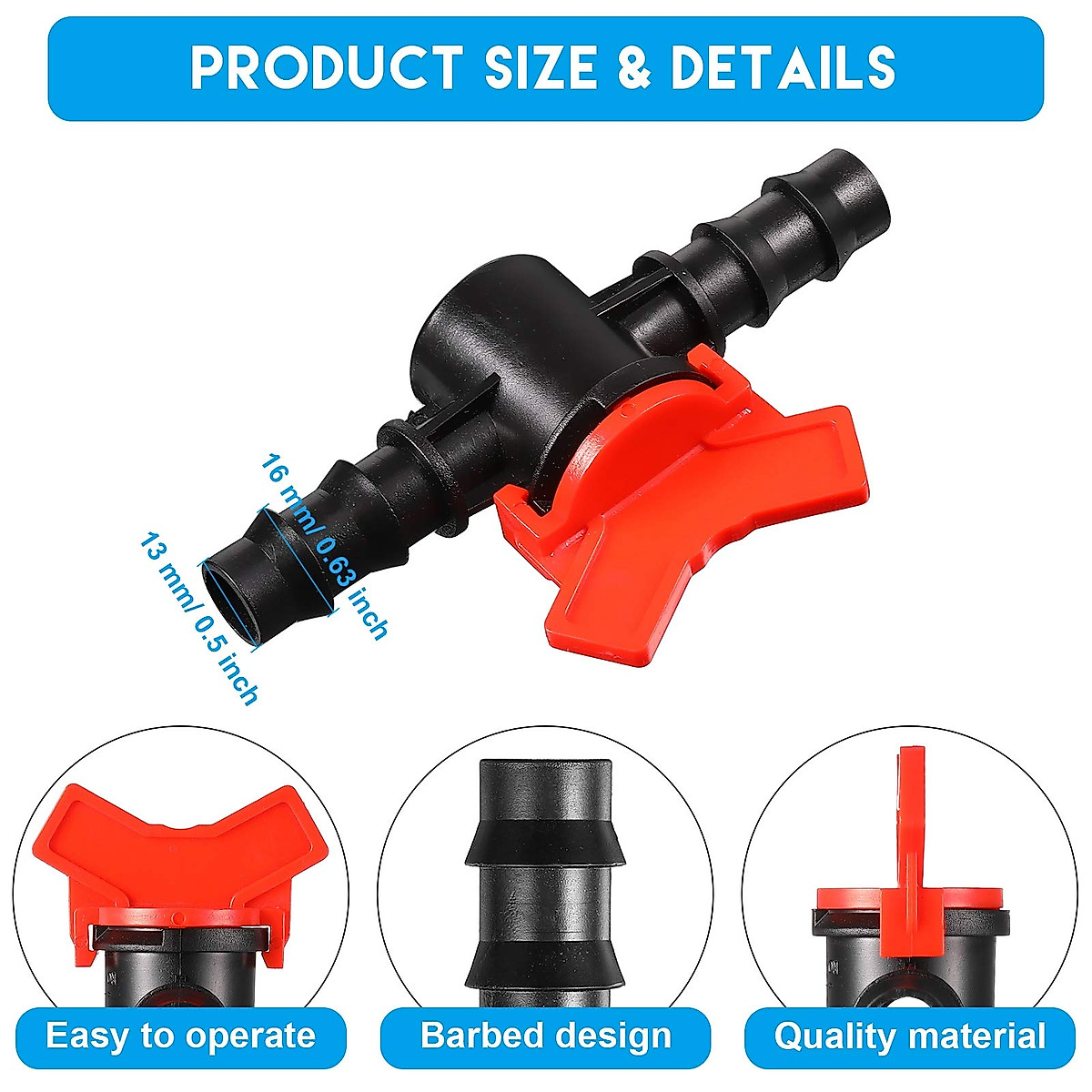 Irrigation Fitting Kit 9 Pieces Drip Irrigation Switch Valve Gate Valves Irrigation Barbed Connectors with Shut-Off Valve and 18 Stainless Steel Clamps and Roll Tape for 1/2 Inch Irrigation Tubing