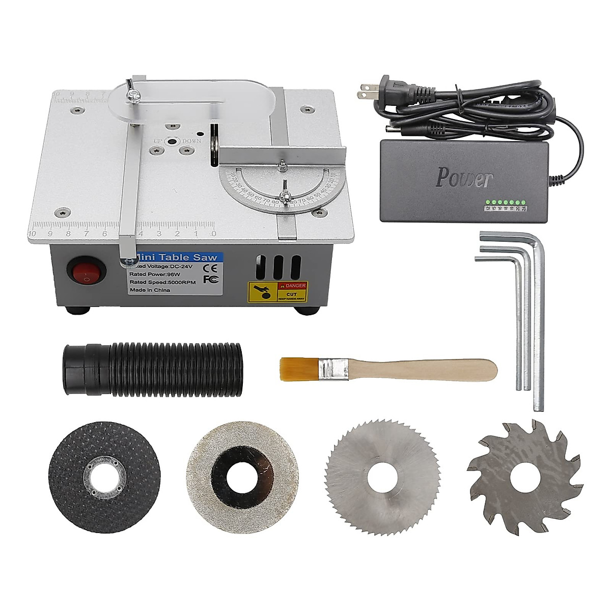 Mini Table Saw for Crafts 4 Blades Metal Chop Saw 96W Adjustable Cut Depth 7-speed Power Supply Portable Cut Off Table Saw for Woodworking Plastic Metal