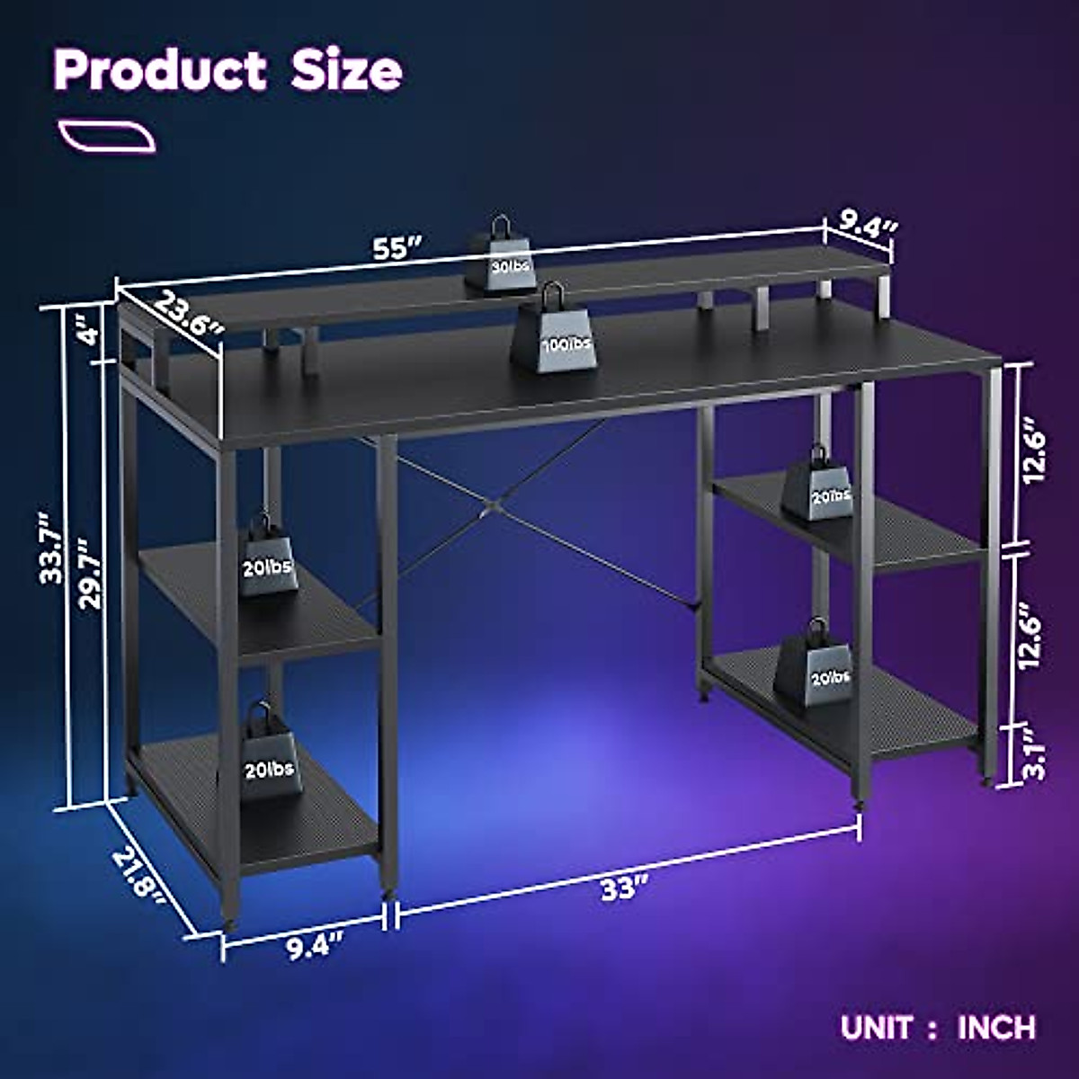 Bestier Gaming Desk with Monitor Shelf, 55 inches Home Office Desk with Open Storage Shelves, Writing Gaming Study Table Workstation for Small Space, Carbon Fiber