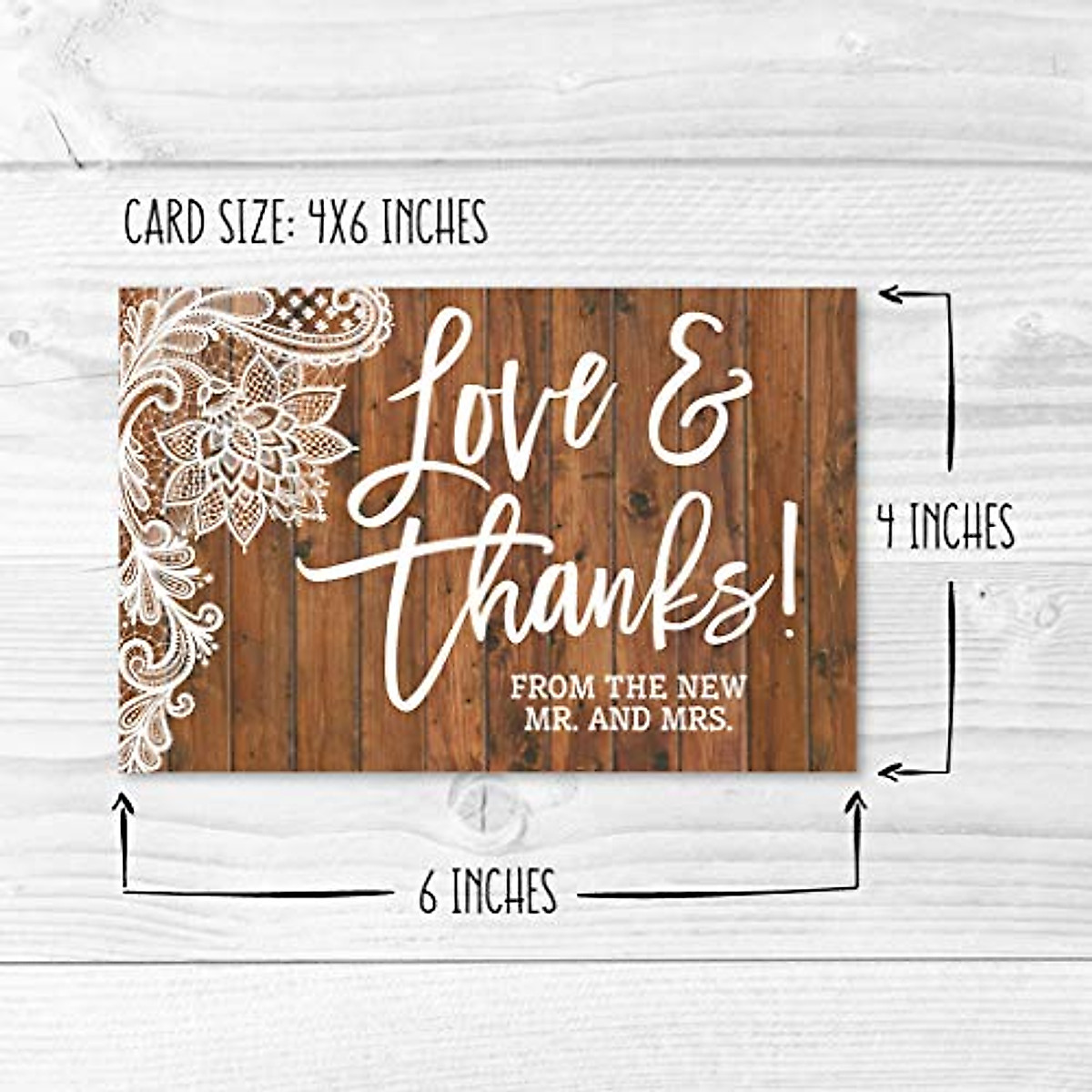 24 Rustic Wedding Thank You Cards With Envelopes, Elegant Bridal Shower Thank You Note From The New Mr. & Mrs. Newlywed Faux Wood Gratitude Supplies, 4x6 Personalized Bulk So Grateful Stationery