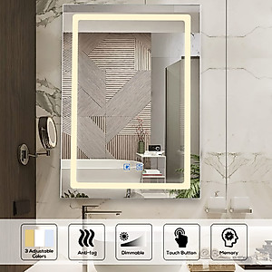 VOWNER Bathroom Medicine Cabinet with LED Lights and Mirror, Wall Mounted Mirror Cabinet with Adjustable Shelf, Defogger, Memory 3-Color Mode, Dimmer, Anti-Fog (Engineered Wood, 24"×32")