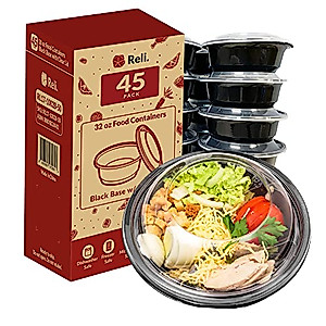 Reli. Meal Prep Container Bowls, 32 oz. | 45 Pack | Reusable 32 oz Meal Prep Bowls/Food Containers | Microwavable Bowls with Lids, Black Food Storage Containers/Food Prep | Black, Airtight Lids