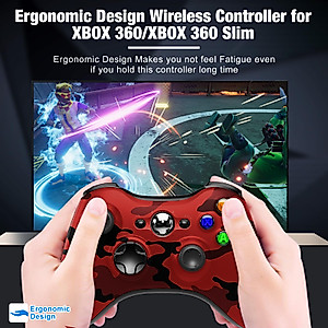 BUERTT Wireless Controller for Xbox 360, 2.4GHZ Game Joystick Controller Gamepad for Xbox 360 & Slim Console and PC Windows 7/8/10,No Audio Jack,Camo Red