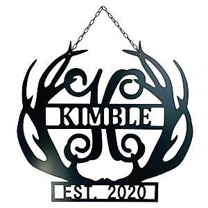 PK Décor Deer Antler Decor with Family Last Name with Established Year, Metal ACM Buck Antlers Sign Gift, Rustic Initial Monogram Door Hanger, QUICK Ship (Split Letter Established Year)