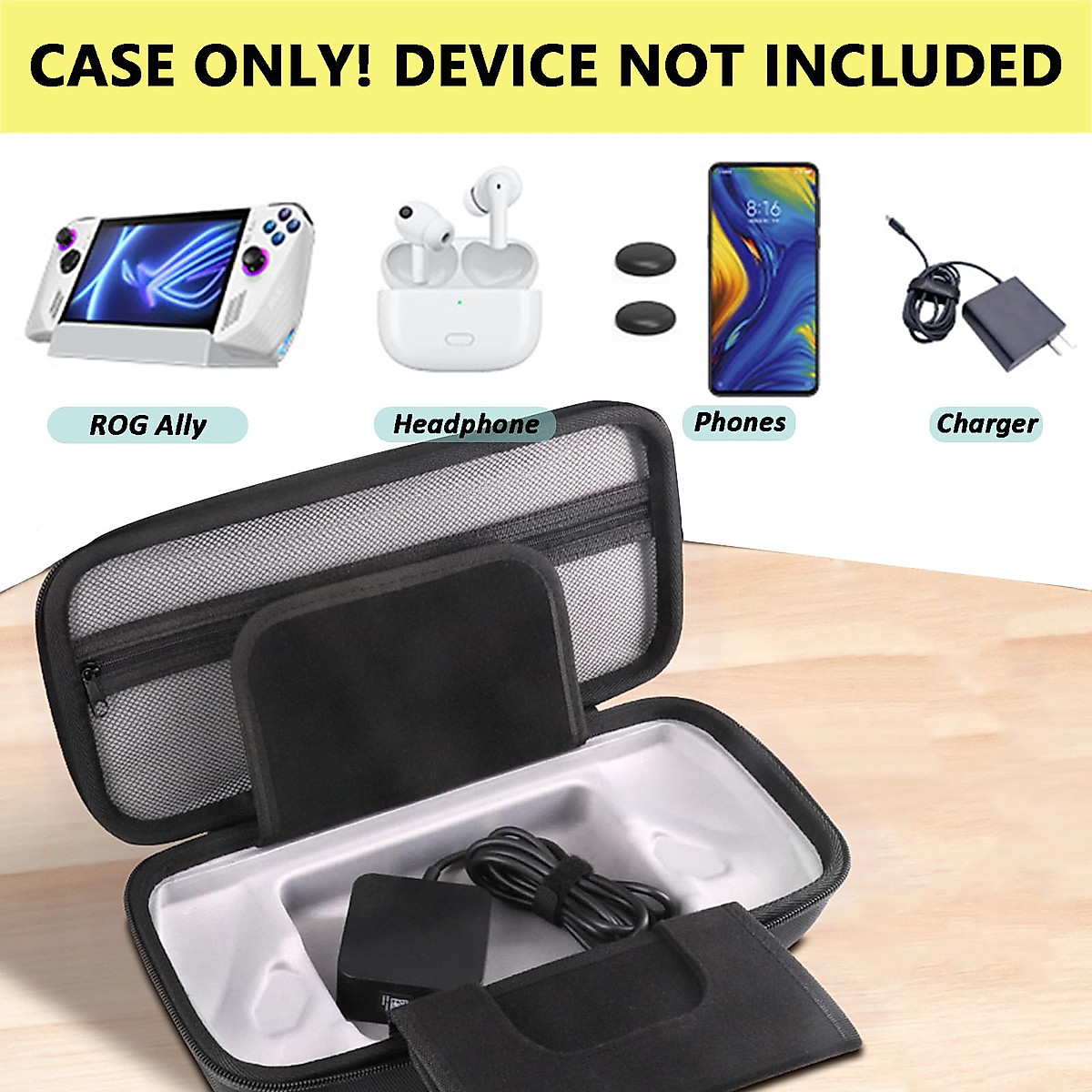 Miimall Case for ROG Ally X 2024 / ROG Ally Carrying Case, EVA Hard Travel-Friendly Large Capacity Case with Portable Strap Storage Carry Case for Asus ROG Ally X / ROG Ally Handheld Accessories Black