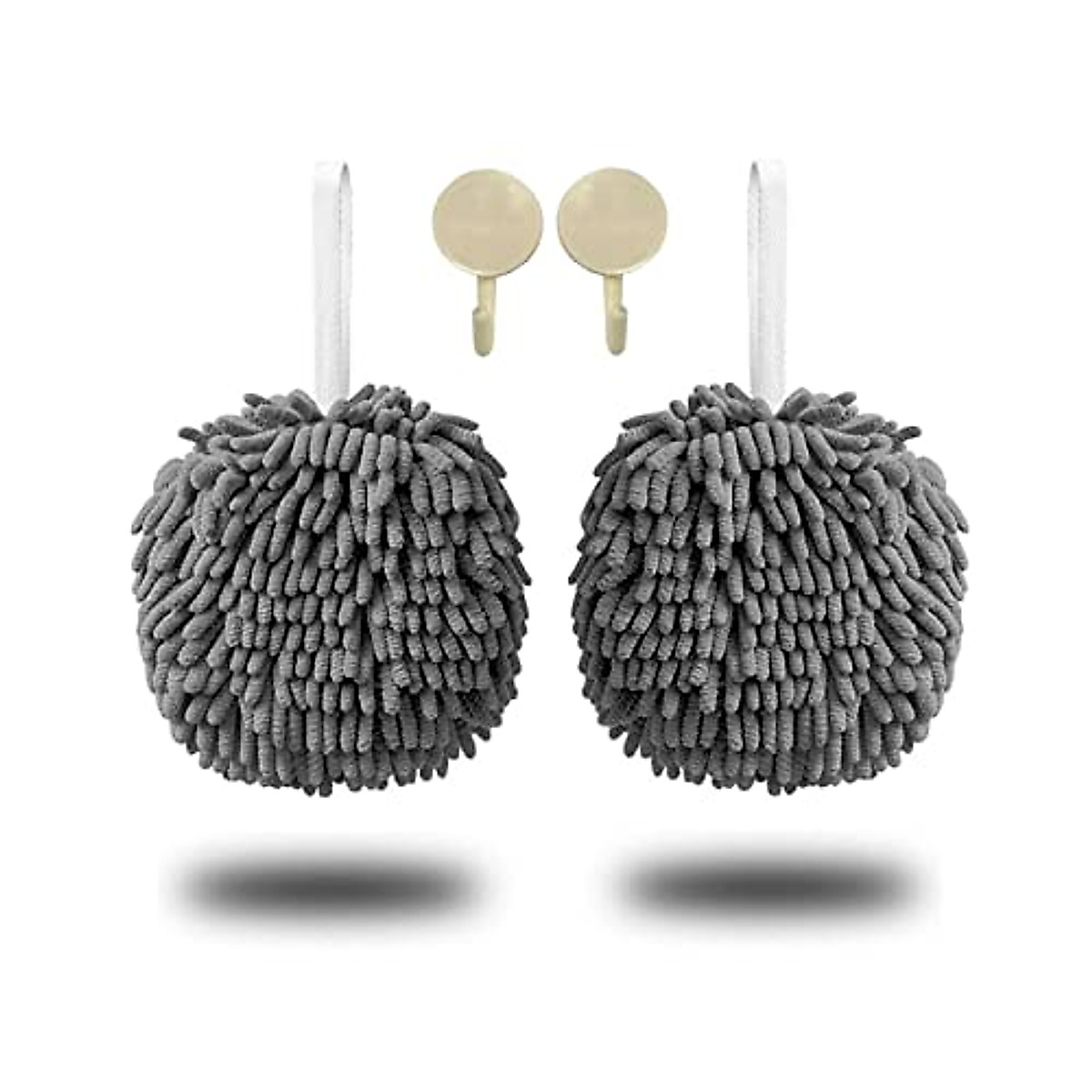 XINOBO 2Pack Chenille Hand Drying Puff Towel Balls, Fuzzy Ball Towel Quick Dry with Hook Hanging, Creative Decorative Bath Towel Set for Bathroom Kitchen - Dry Your Hand Instantly - (Gray & Gray)