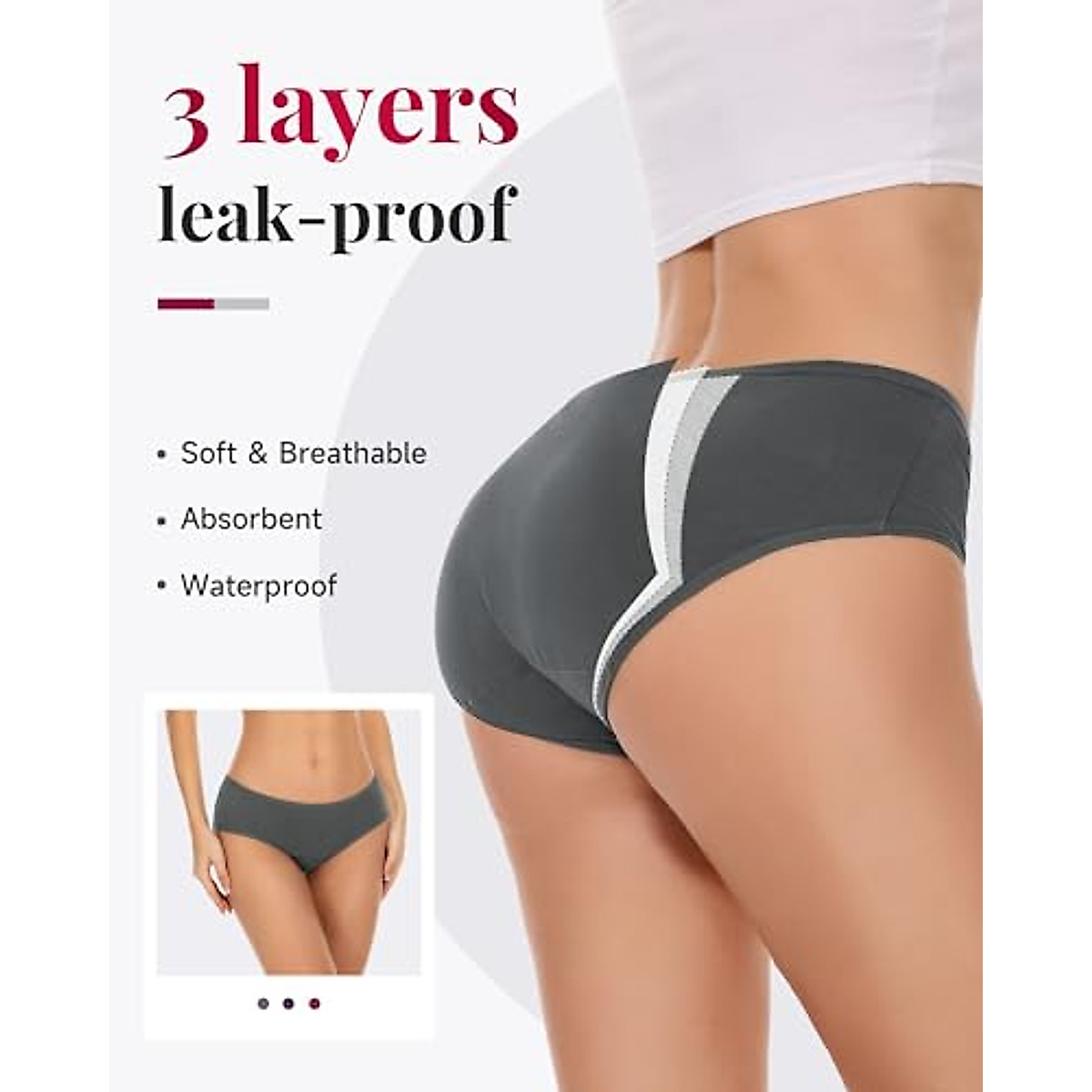 TANSTC Period Underwear for Women Heavy Flow Panties Menstrual Hipster Panty for Female Teens Girls Cotton 3PCS,L Dark Grey