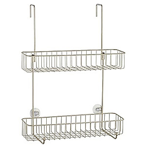 mDesign Extra Wide Metal Wire Over the Bathroom Shower Door Caddy, Hanging Storage Organizer Center with Built-In Hooks and Baskets on 2 Levels for Shampoo, Body Wash, Loofahs - Satin