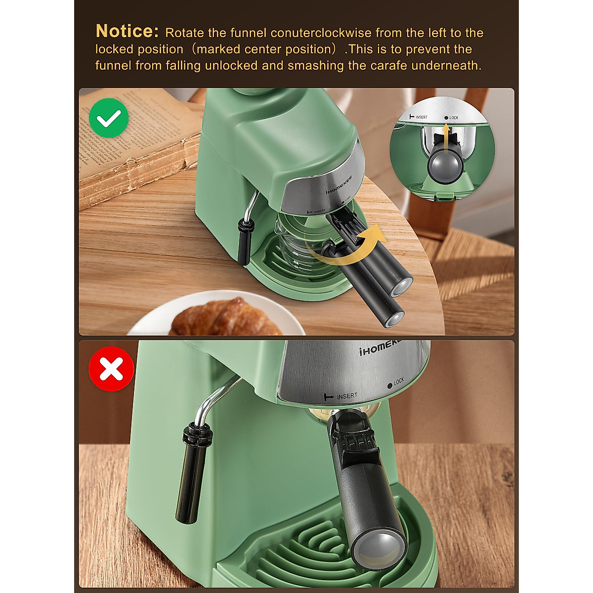 Ihomekee Espresso Machine, 3.5Bar Espresso and Cappuccino Machine with Fast Heating Function, 1-4 Cups Coffee Maker with Milk Frothing Function and Steam Wand (Green)