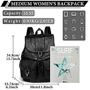 VASCHY Backpack Purse for Women, Fashion Faux Leather Buckle Flap Drawstring Backpack for College with Two Front Pockets Black