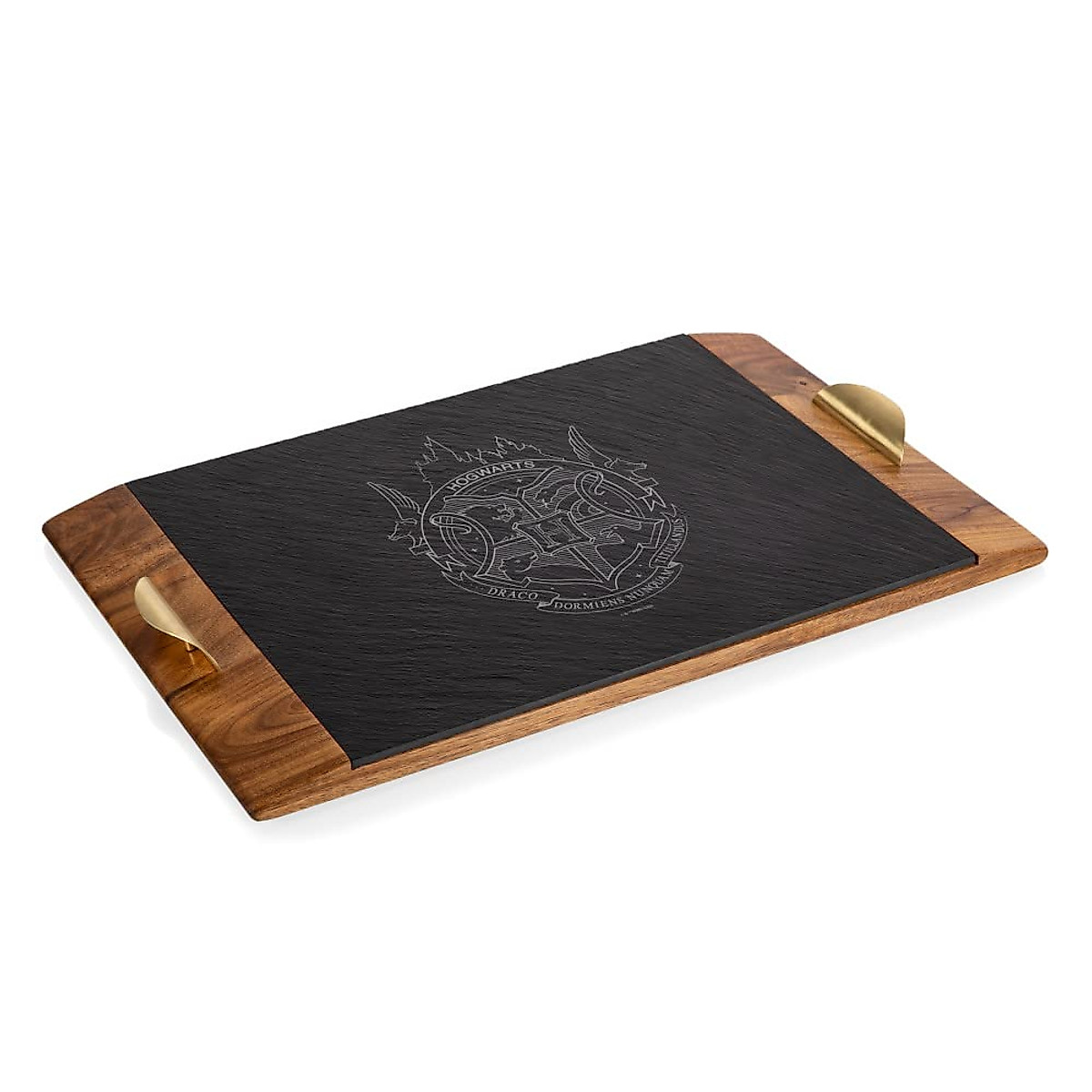 PICNIC TIME Harry Potter Hogwarts Covina Acacia and Slate Serving Tray, Charcuterie Board Set, Cheese Board, (Acacia Wood & Slate Black with Gold Accents)