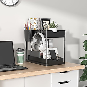 HISDEAR 2 Pack Under Sink Organizers and storage, 2 Tier Slide-out Drawers Bathroom Organizer, Adjustable Height Kitchen Organizers and Storage for Kitchen Bathroom Bedroom Office, Black