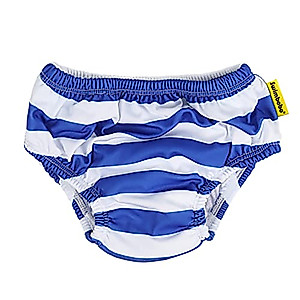 FreeSwimmingBaby Reusable Absorbent Swim Diaper Washable Striped swim Trunks for Baby Boys and Girls (L, White+Blue)