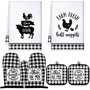 Sratte 6 Pcs Farmhouse Marble Dish Towels Pot Holders and Oven Mitts Sets Pink White and Gold Heat Resistant Kitchen Towels Farm Animal Kitchen Decoration for Baking Cooking Supply(Farm Animal)
