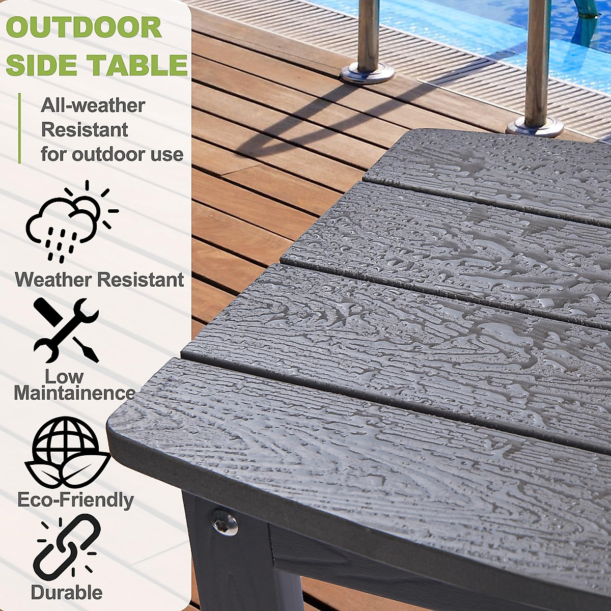 Y&M Outdoor Side Table, HIPS Adirondack Small Single Table, Waterproof Square Outside Table, Balcony Modern End Tables for Patio, Pool, Beach, Porch, Deck, Indoor or Outdoor Use (Dark Grey, 2 Pack)