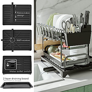 CHIACHIA Dish Drying Rack for Kitchen Counter, 2 Tier Dish Drying Rack with 2 Drainboard, Dish Rack and Drainboard Set with Knife and Fork Holder, Black Carbon Steel Large Capacity Dish Drainer