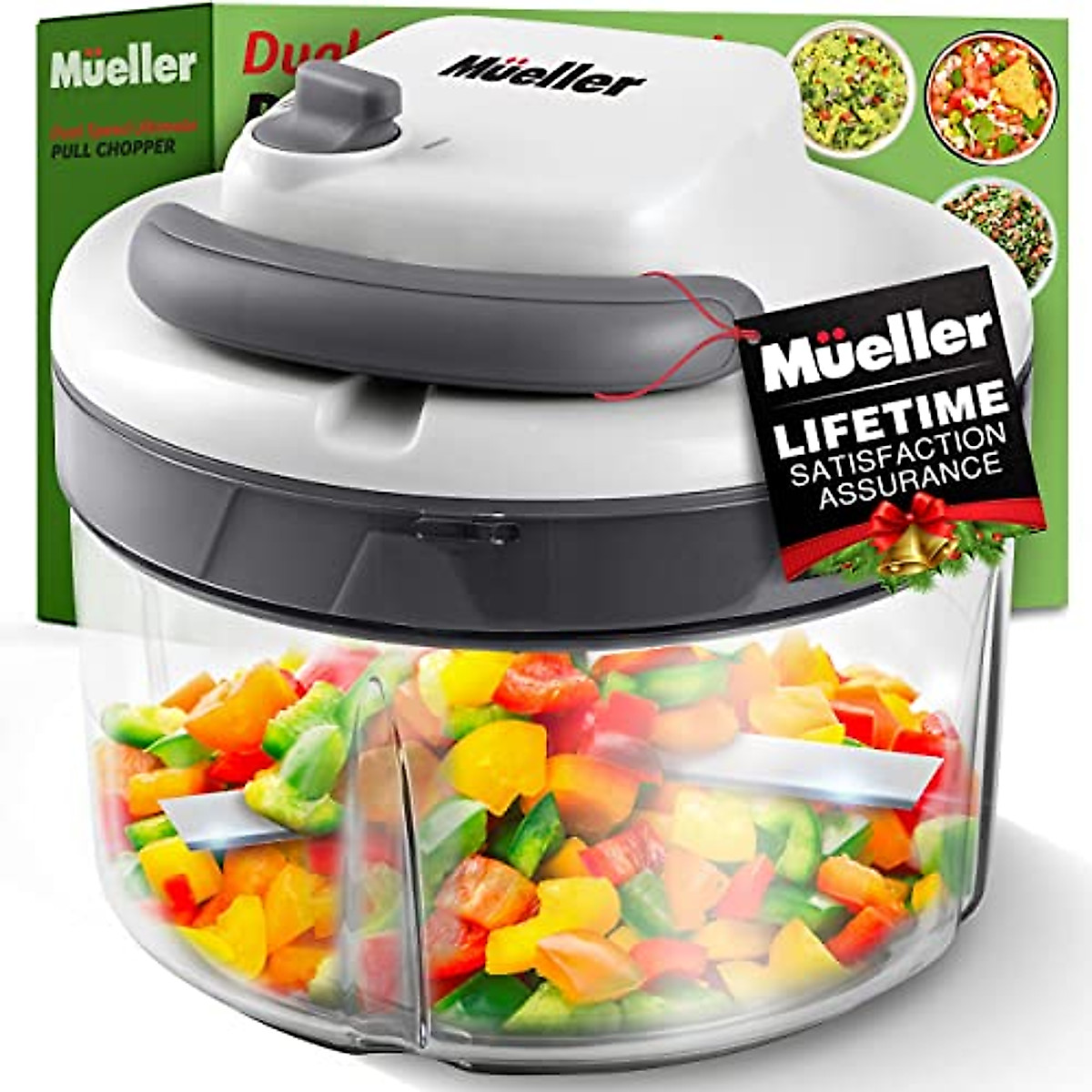 Mueller Strongest-and-Heaviest Duty 2 Speed Pull Chopper Vegetable Cutter for Nuts, Garlic and More, Manual Food Processor - Vegetable Slicer and Dicer, 40.5oz No BPA Bowl