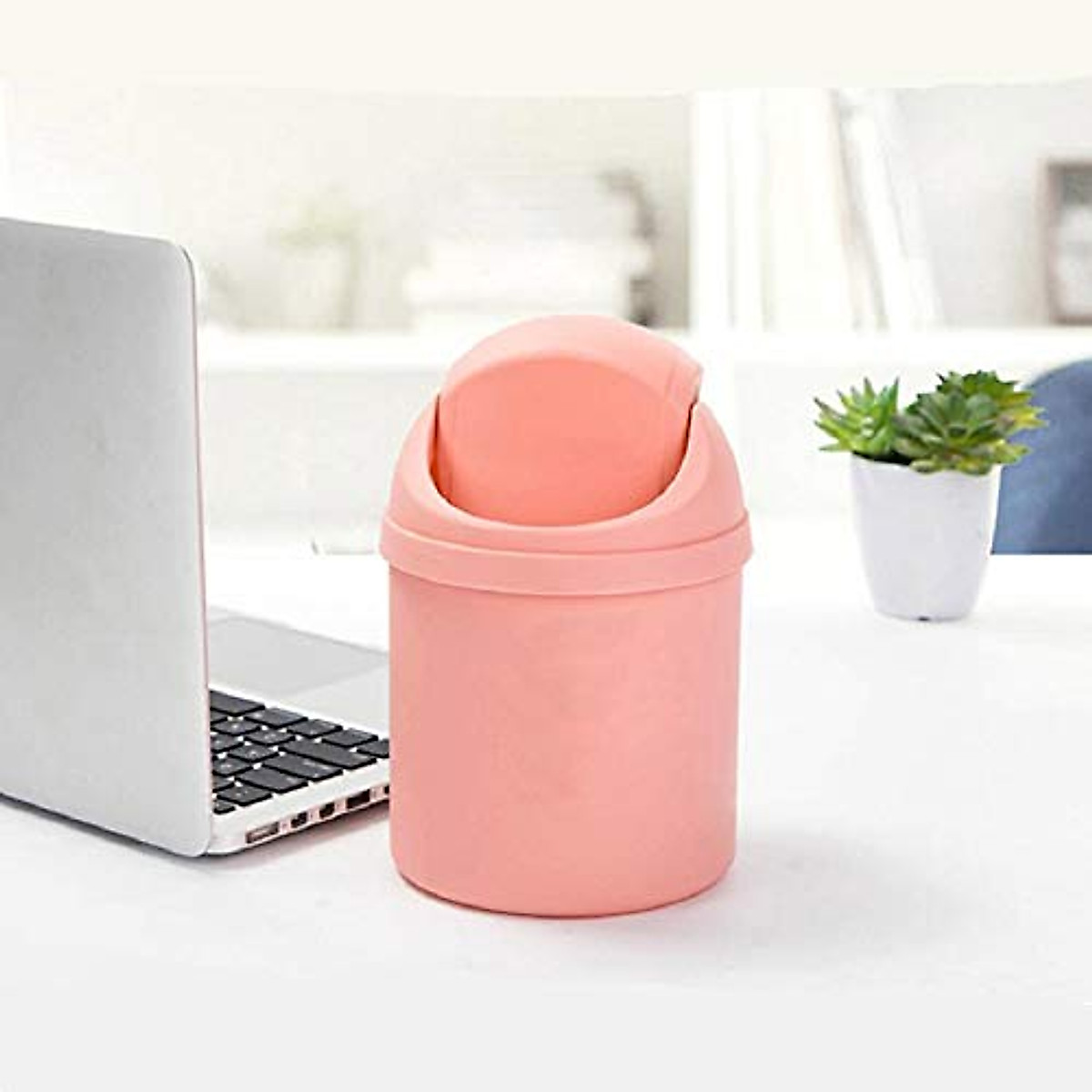 Bonlting 2Pcs Mini Table Trash Can Plastic Small Tiny Desktop Wastebasket Trash Can with Swing Lid for Bathroom Vanity Countertop or Table(Pink Purple)