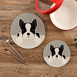 Dog Boston Terrier Puppy Pot Holders for Kitchen Cotton Round Holder Set of 2 Heat Resistant Trivets Coasters Pure Cotton Thread Weave for Hot Dishes