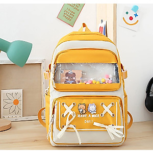 DUOBAOYU 5PCS Kawaii Backpack Set with Cute Pendants and Pins Accessories Cute Aesthetic Rucksack 17in School Bags Bookbag (Yellow2, 17in)
