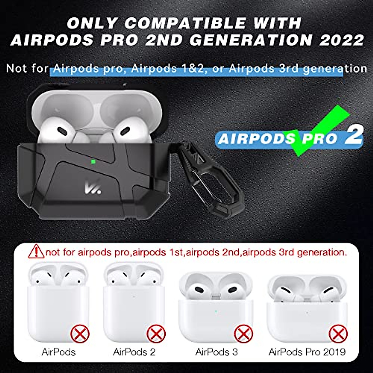 KMMIN AirPods Pro 2nd Generation Case, Airpod Pro Case Cover for Apple AirPods Pro 2nd /1st Gen 2023/2022/2019 Rugged Shockproof Protective Military Case with Keychain [Front LED Visible]-Black