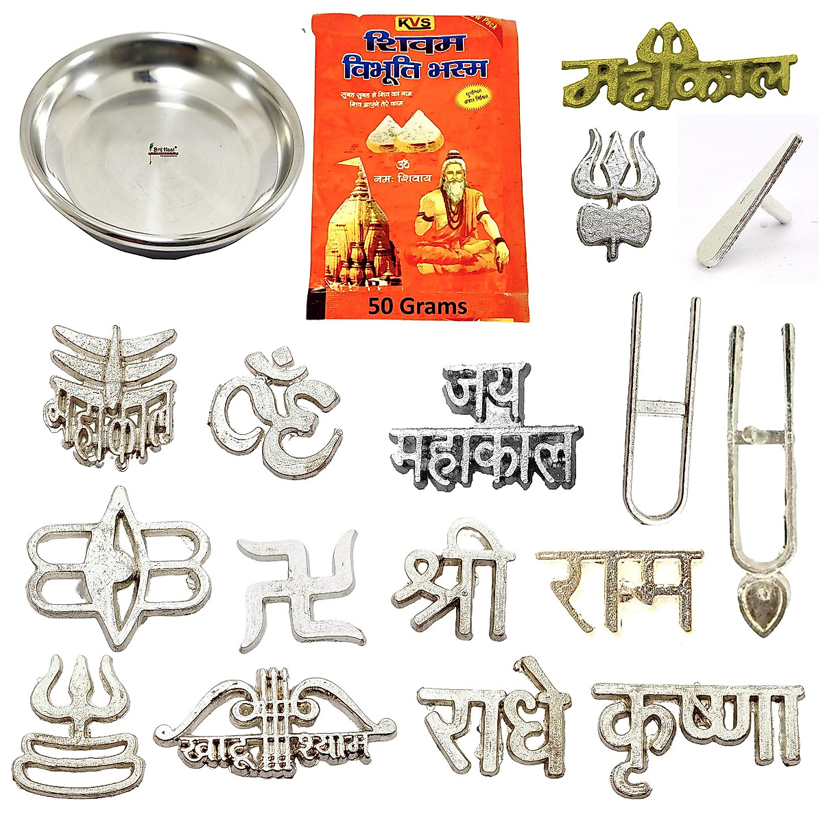 BRIJ HAAT Bhasm Vibhuti tika Tilak with Plate and 16 Types Metal tika Stamp Forehead (KSI.bhsm.50g+16stp)