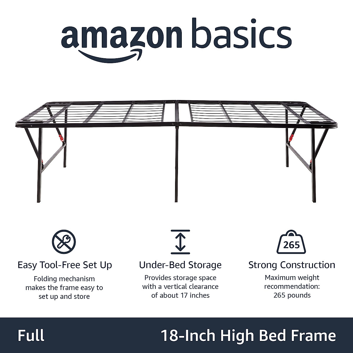 Amazon Basics Foldable Metal Platform Bed Frame with Tool Free Setup, Sturdy Steel Frame, No Box Spring Needed, Full, Black, 75 x 54 x 18 inches (LxWxH)