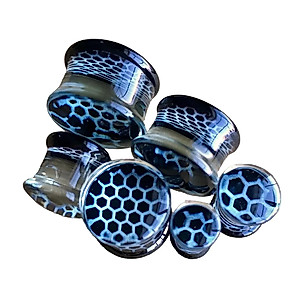 Lobal Domination PAIR of Black Honeycomb Design Pyrex Glass Double Flare Plugs Gauges Body Jewelry (10mm (00g))