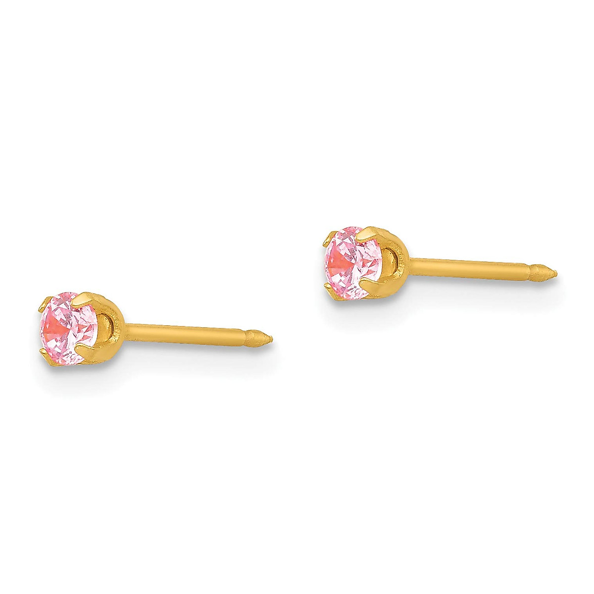 14K Solid Yellow Gold 3mm Pink Cubic Zirconia CZ Stud Earrings