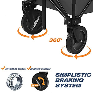 Chihee Folding Wagon Cart Garden Cart Heavy-Duty with 2 Cup Holders,Camp Cart for Gimballed Wheels with Braking System Large Capacity Removable Fabric,for Sporting Events,Camping,Beach Trips