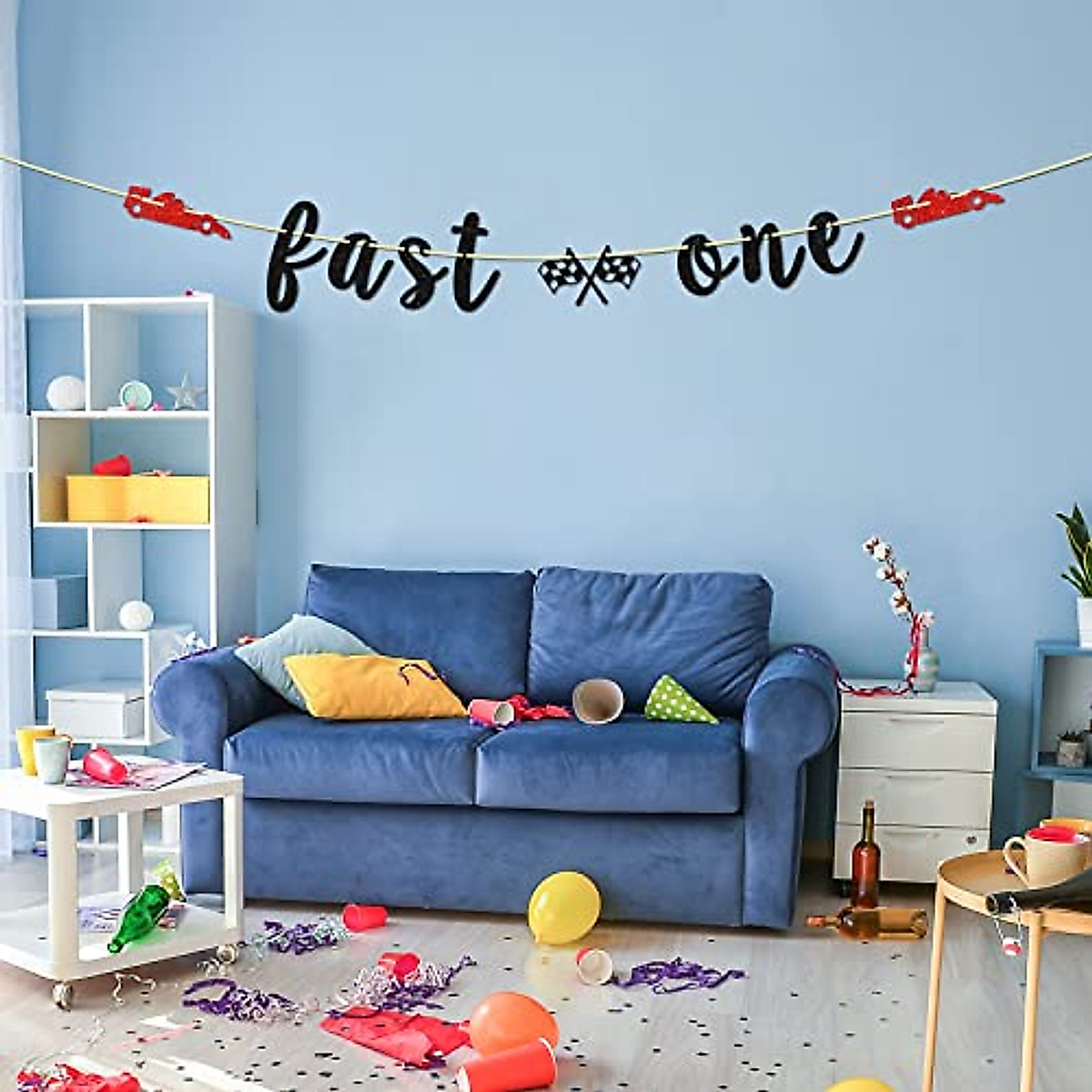 Aonbon Black Glitter Fast One Banner, Race Car Themed Banner, Baby Boy's 1st Birthday Decoration, Chequered Flag Themed Party Supplies