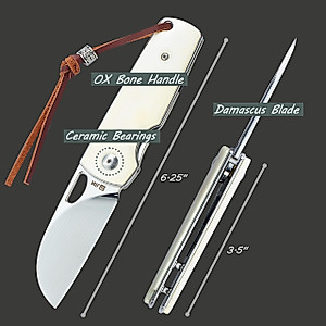 JIN Vaquero Pocket Knife for Men, 2.75" Polished Damascus Blade Folding EDC Knife Bone Handle DIY Knife Making Kit Christmas Gift Ideas Damascus Pocket Knife