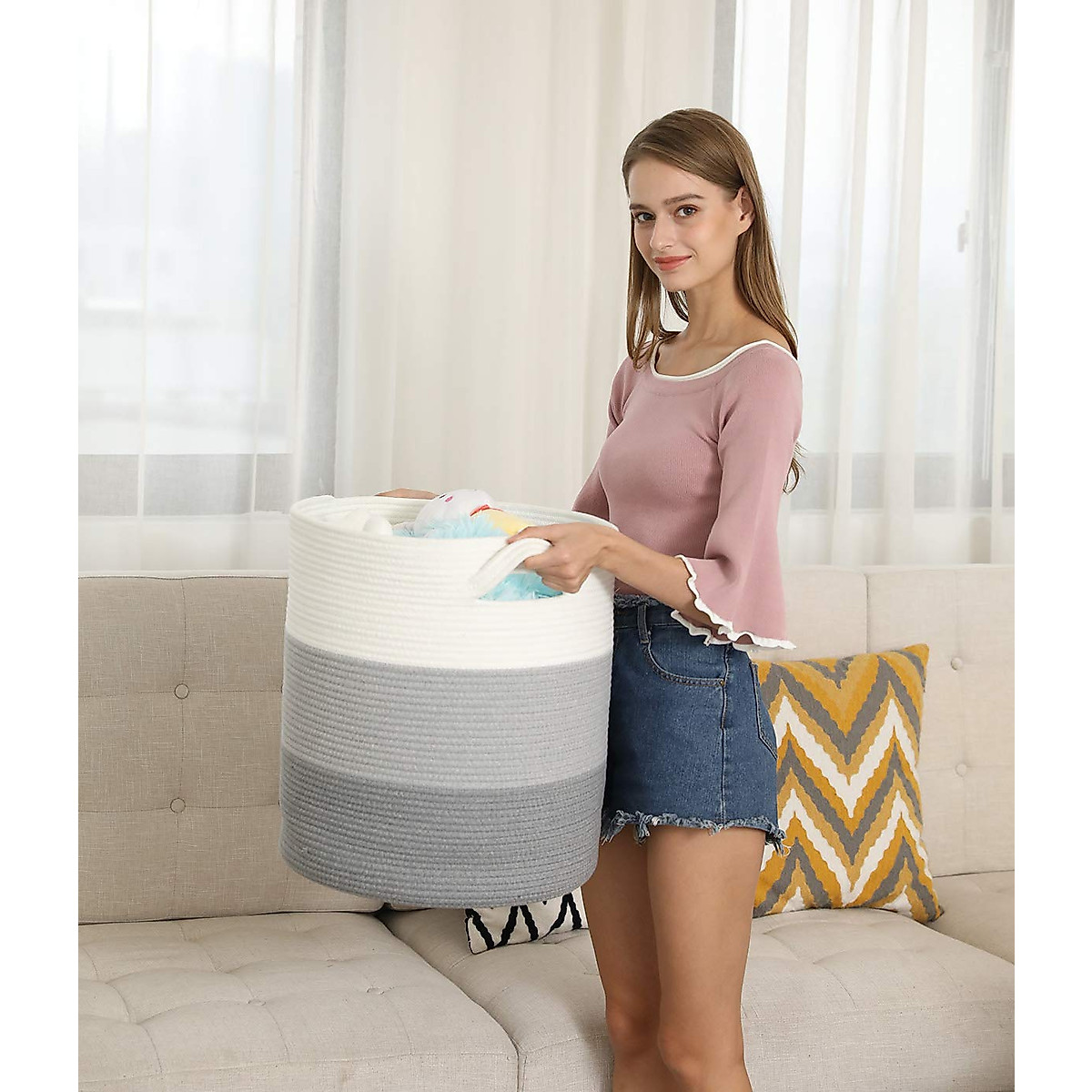 16" x 16" x 18" Extra Large Storage Basket with Lid, Cotton Rope Storage Baskets, Laundry Hamper, Cloth Bin, for Clothes Towels Blankets Pillows Storage in Living Room, Light Grey/Grey with Cover