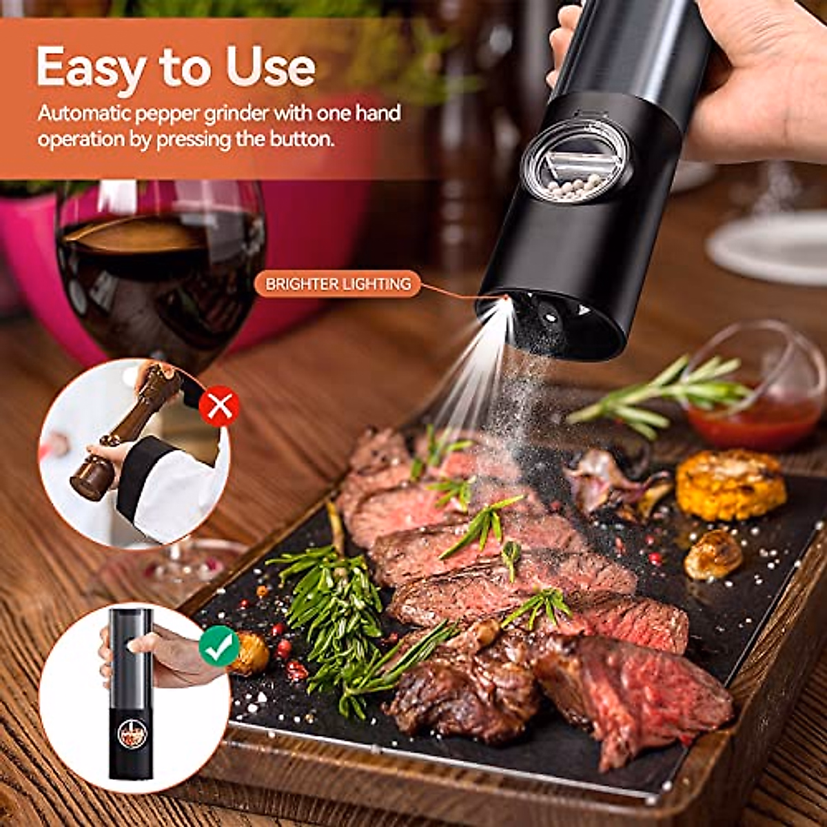 [2023 𝐔𝐩𝐠𝐫𝐚𝐝𝐞𝐝] Electric Salt and Pepper Grinder Set Rechargeable, No Battery Needed, One Hand Operation, Automatic Pepper Mill Refillable, Stainless Steel, Adjustable Coarseness, LED Light