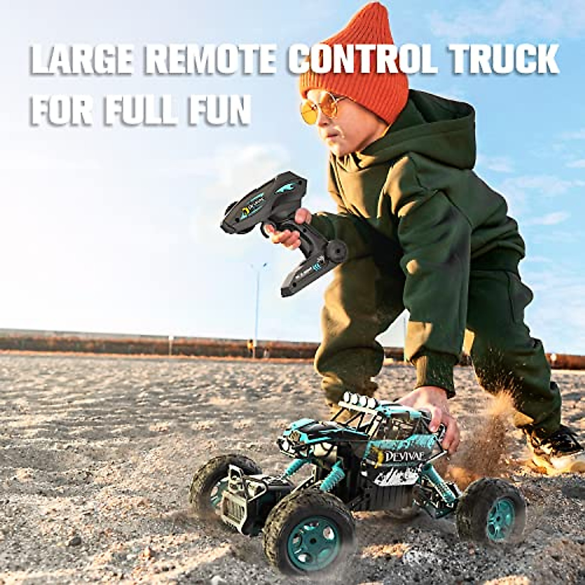 CROBOLL 1:12 Large Remote Control Car for Boys Kids with Lifting Function,4WD RC Cars Electric Monster Truck Toy Gifts 4X4 Off-Road RC Rock Crawler 2.4GHz All Terrain RC Truck with 2 Batteries(Cyan)