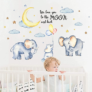 Elephant Wall Stickers for Baby Nursery Wall Decor, Elephant Nursery Wall Dacal Decor for Girls Baby Boy, We Love You to The Moon and Back Elephant Decor for Baby Room Kids Bedroom Playroom Art Gift